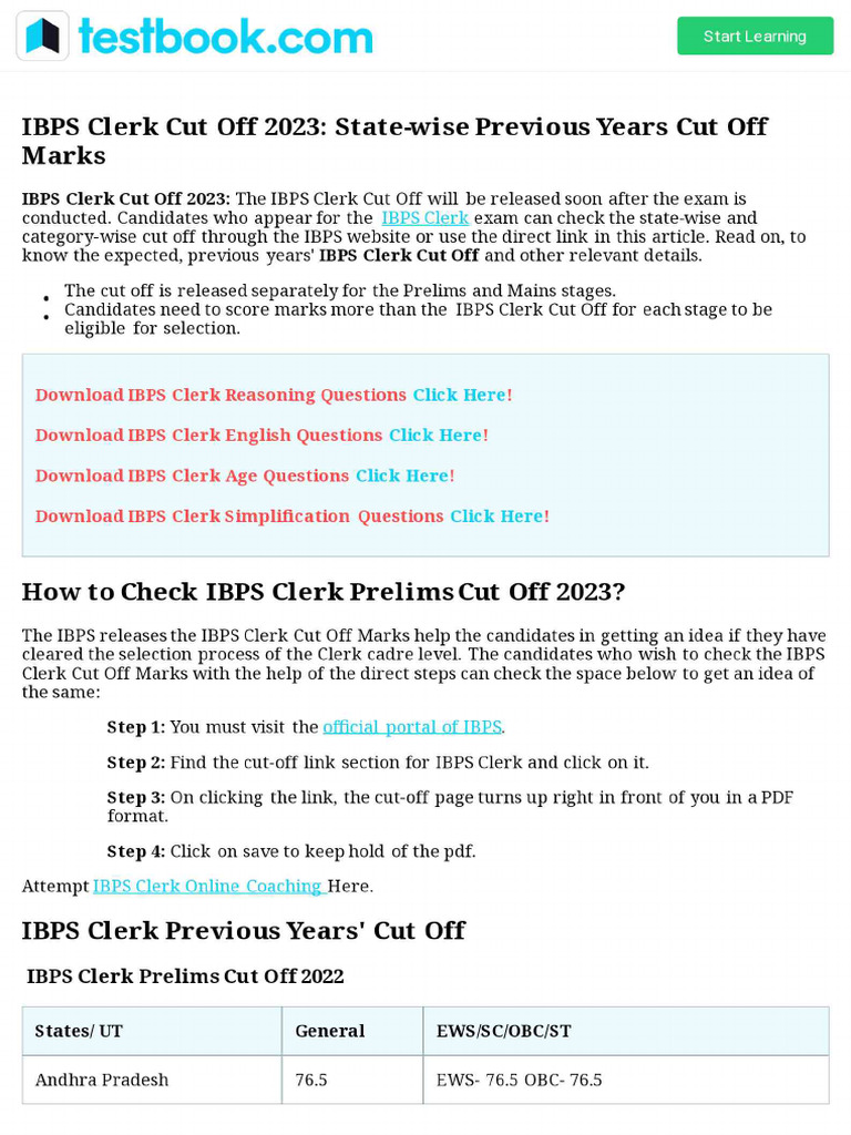 IBPS Clerk Cut Off 2023 - State-Wise Previous Years Cut Off Marks | PDF