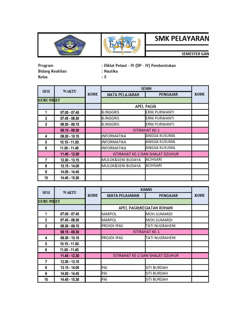 Jadwal Mapel Ke 1 | PDF