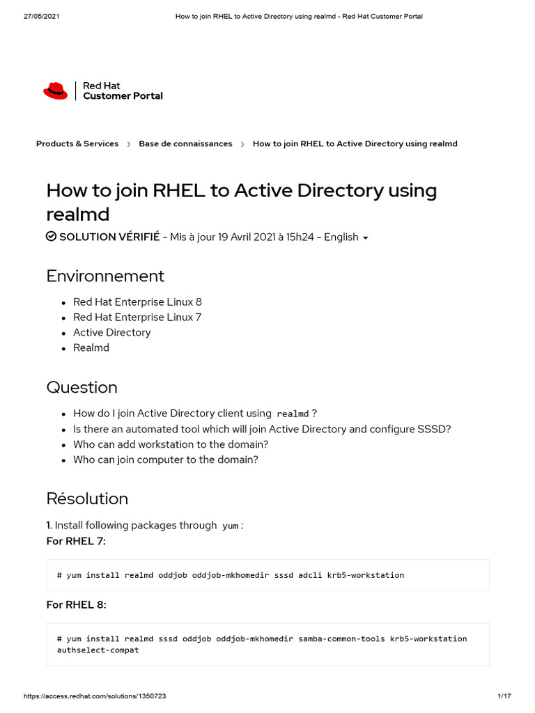 How To Join Rhel To Active Directory Using Realmd Red Hat Customer Portal Pdf Active