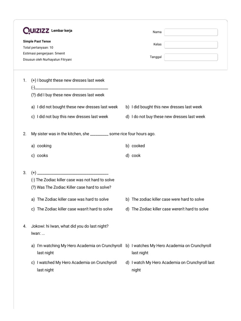 Quiz Simple Past Tense - Quizizz | PDF | Morphology | Language Mechanics