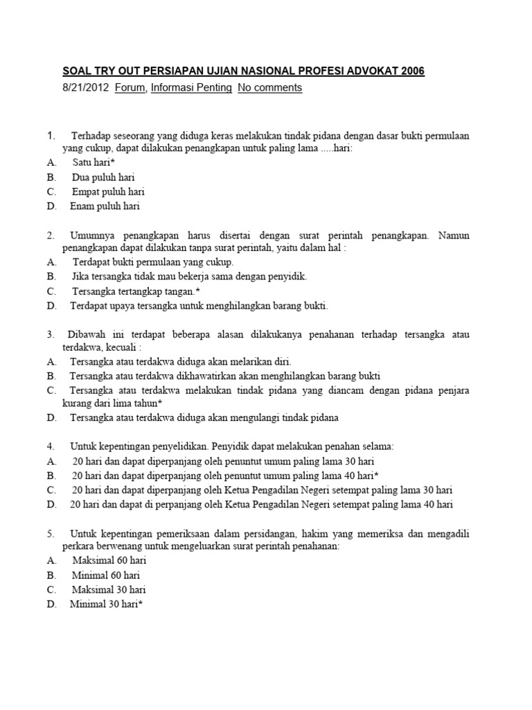 Soal Try Out Persiapan Ujian Nasional Profesi Advokat 2006 | PDF