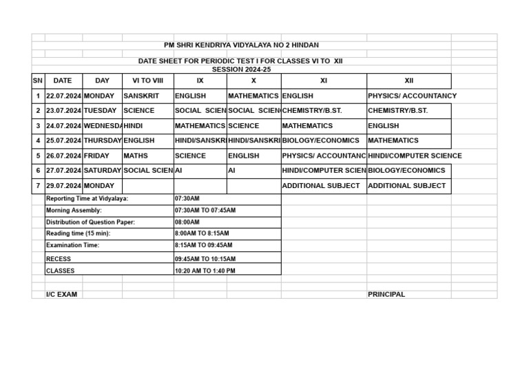 DATE SHEET PT 1 EXAM | PDF