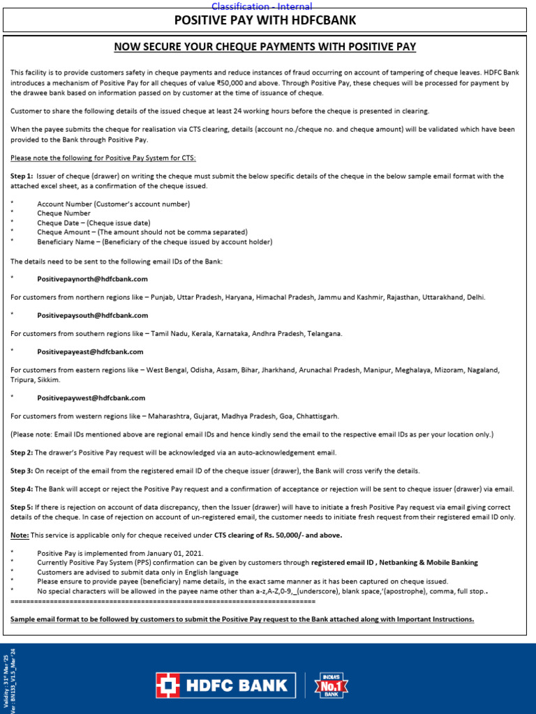HDFC Bank Positive Pay Guide for Cheques | PDF | Cheque | Payments