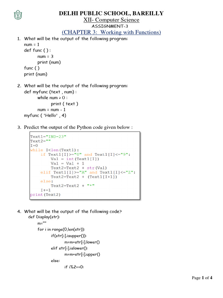 XII-CS (Ch. 3 Working With Functions ASSIGNMENT-3) | PDF | Computer Engineering | Software ...