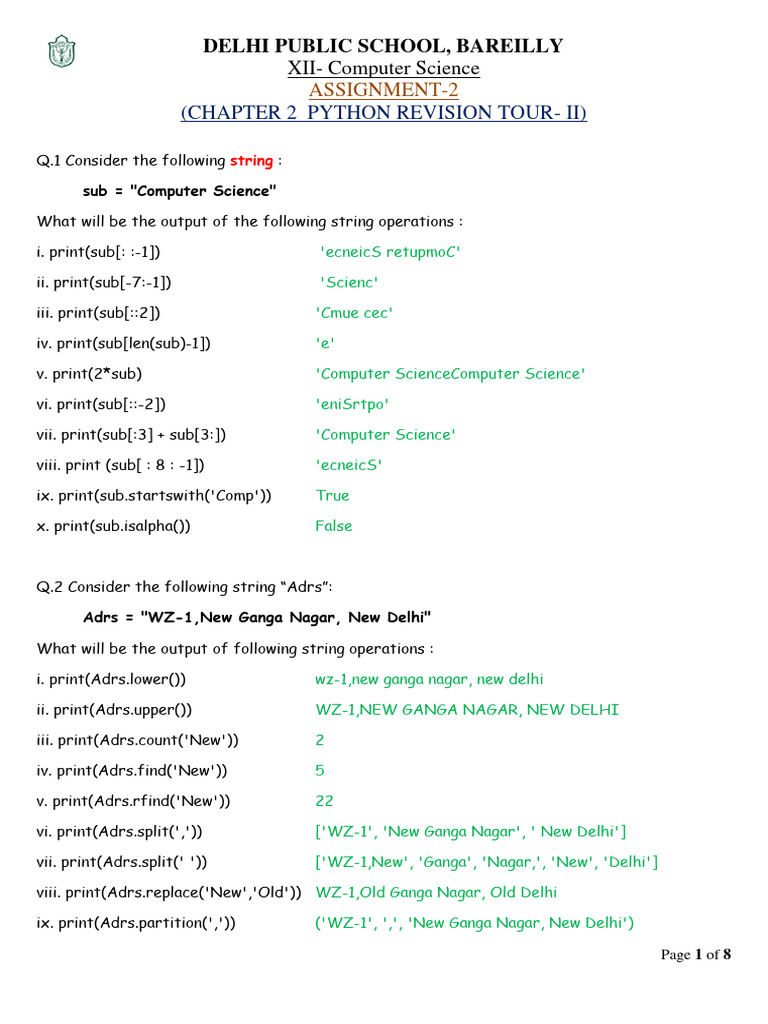 XII-CS (Ch. 2 ASSIGNMENT-2) - Soln | PDF | Computer Programming | String (Computer Science)