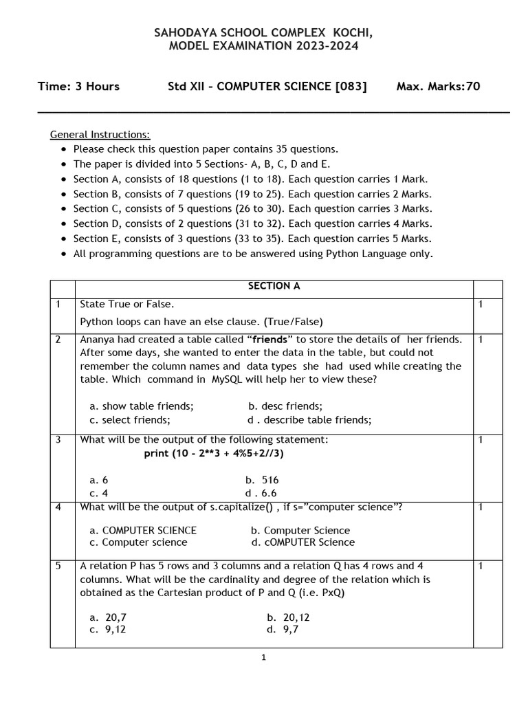 Sahodaya Kochi Model QP CS 2024 | PDF | Computer Network | Pointer (Computer Programming)
