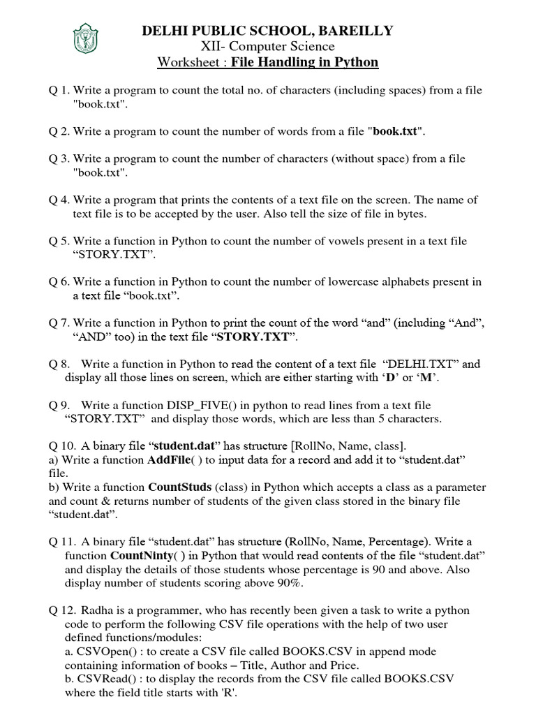 XII-CS WS5 (CH. 6 File Handling) | PDF | Computer File | Text File