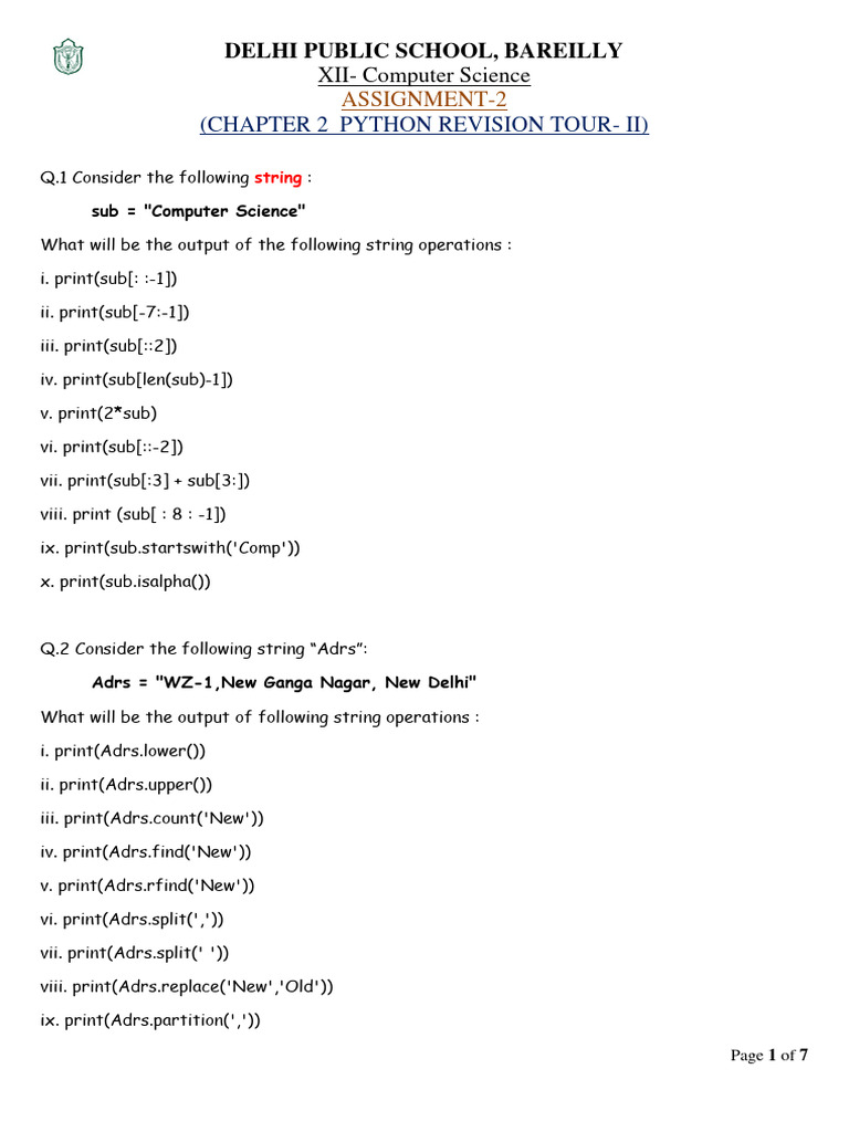 Xii Cs Ch 2 Assignment 2 Pdf Computer Programming String Computer Science