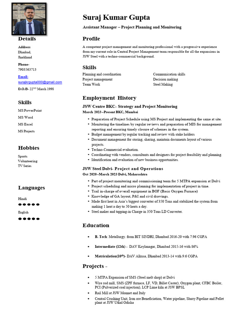 Suraj Resume | PDF | Steelmaking | Mining