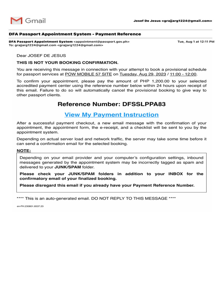 DFA Passport Appointment System - Payment Reference | PDF