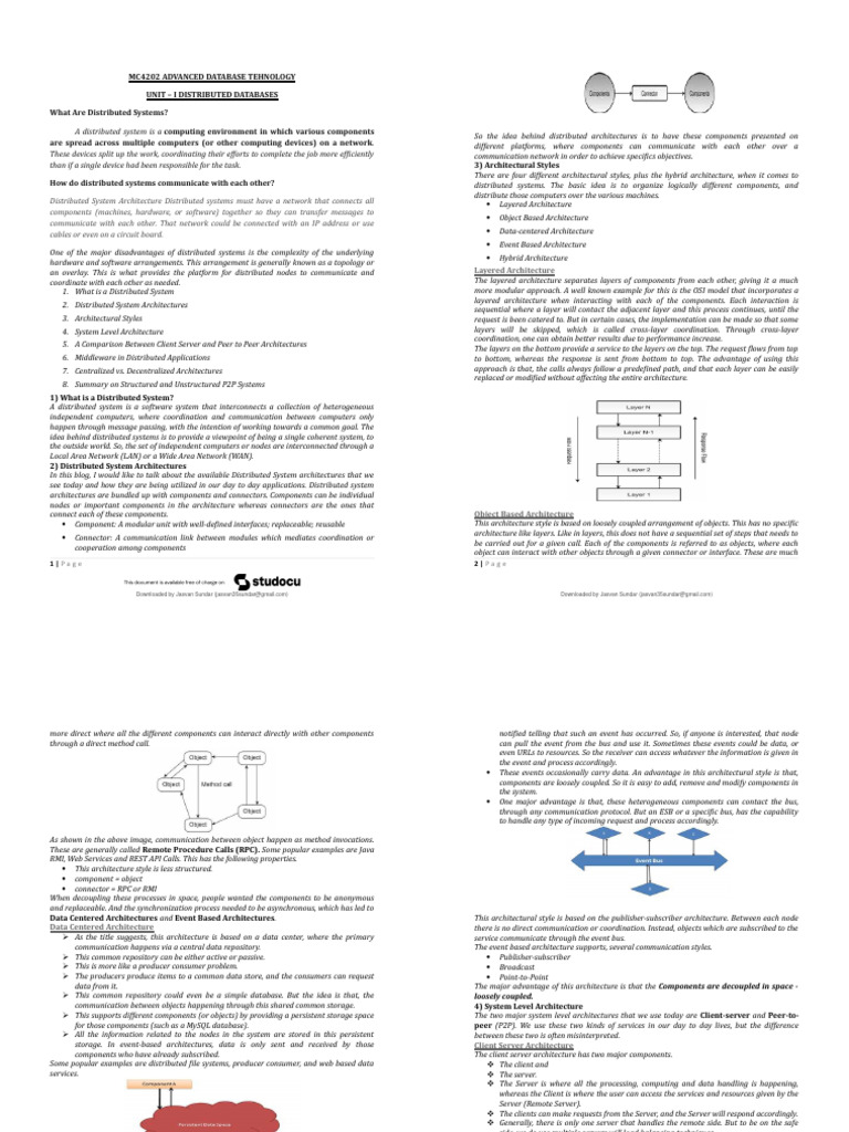 Unit - 1 Distributed Systems Adbt 27 Pages | PDF | Databases | Peer To Peer