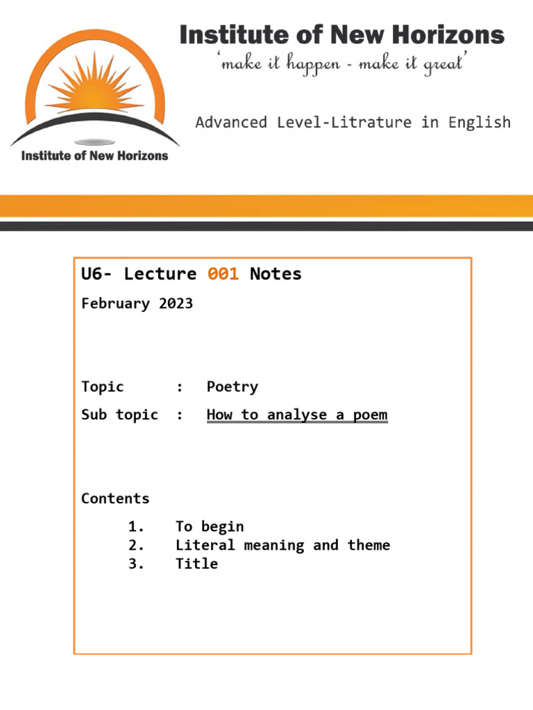 Inh U6 Lecture 1 Notes - How To Analyse A Poem Part 1 | PDF | Poetry ...