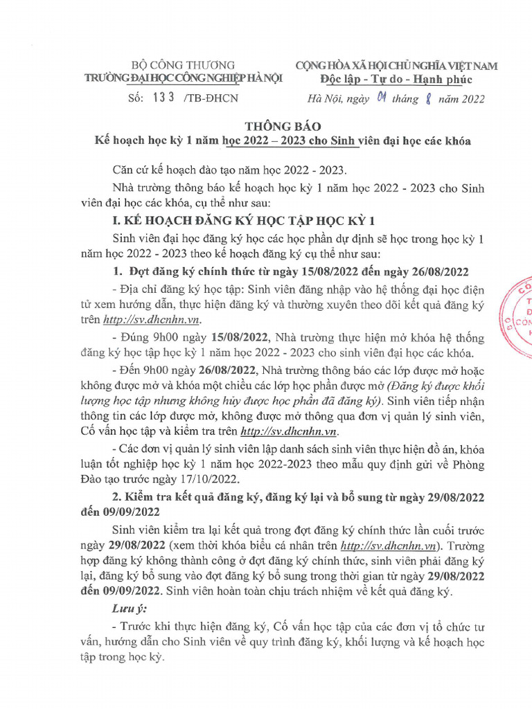 Ke Hoach Hoc Ky 1 2022 2023 Dai Hoc Cac Khoa | PDF
