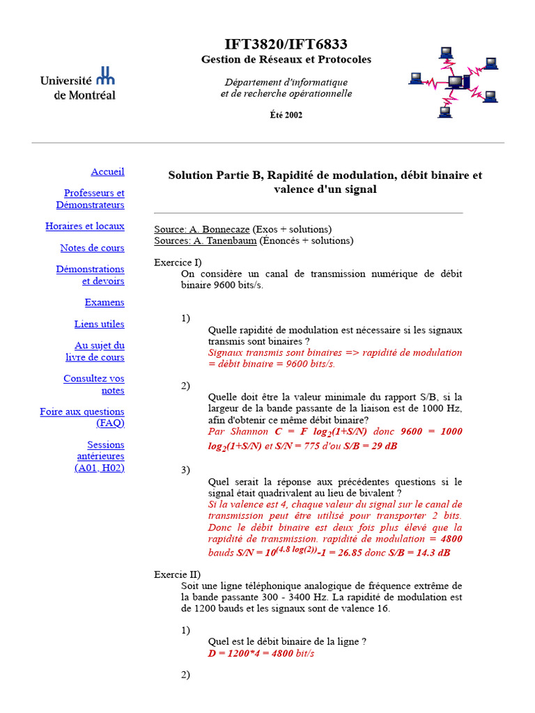 Solution Partie B, Rapidité de Modulation, Débit Binaire Et Valence D'un Signal | PDF | Débit ...
