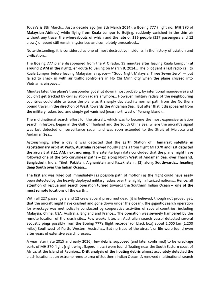 MH 370 | PDF | Malaysia Airlines Flight 370 | Aviation