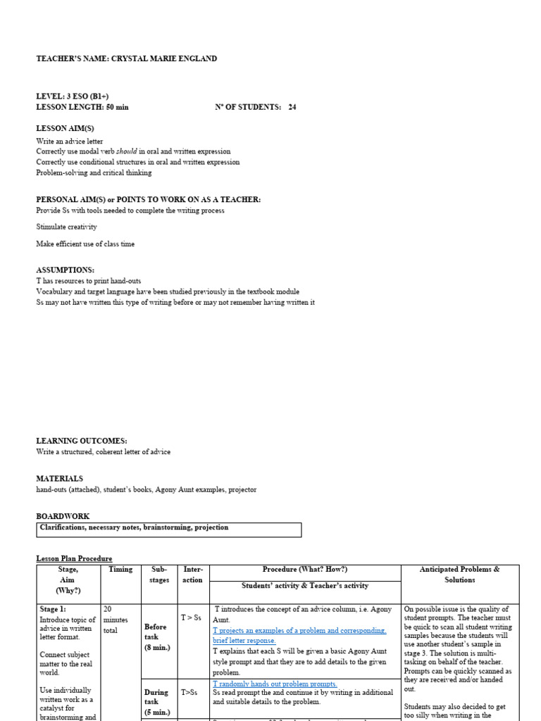 Writing Lesson Plan - Final Task (Didactics in Foreign Language) | PDF | Lesson Plan | Brainstorming