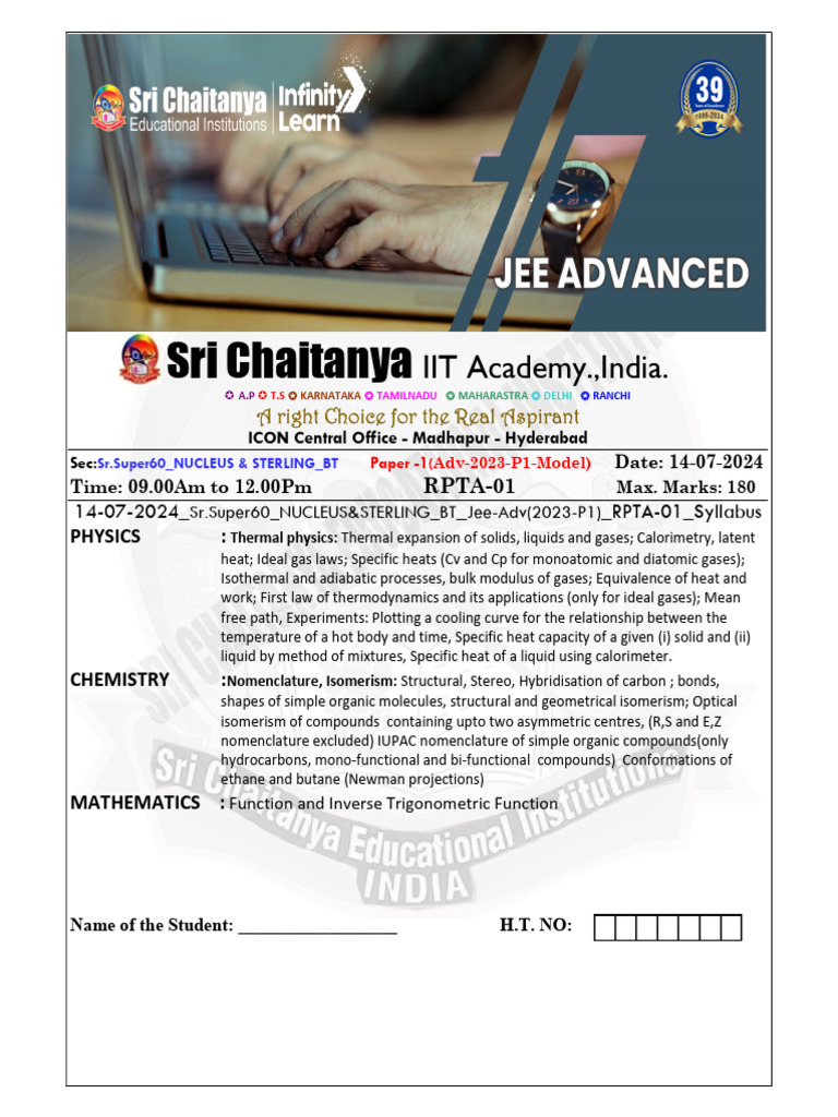 14 07 2024 SR - Super60 Nucleus&Sterling BT Jee Adv (2023 p1) Rpta 01 Q.paper | PDF | Function ...