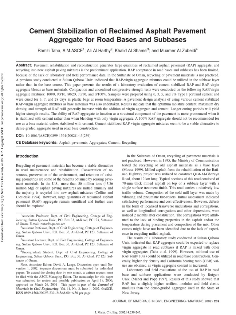 Taha2002Cement Stabilization of RAP Aggregate | PDF | Road Surface ...