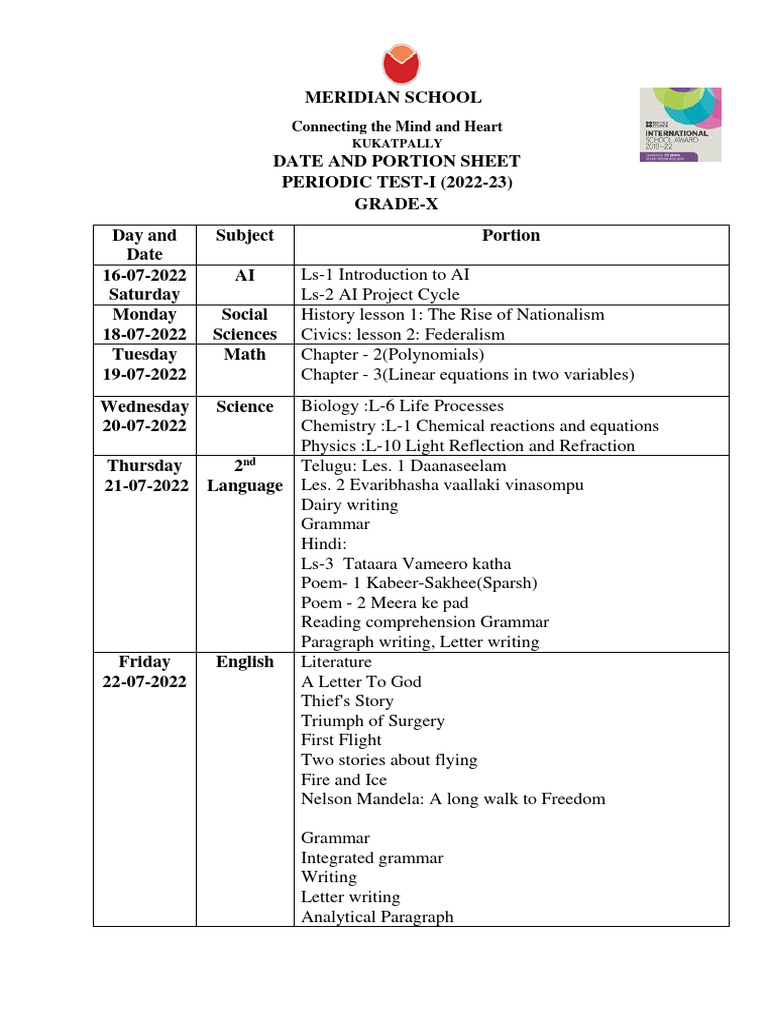 Date and Porion Sheet PT-1 (2022-23) Grade-10 | PDF