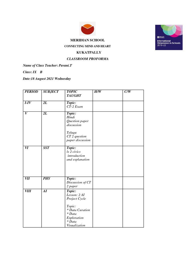 Classroom Proforma 18 August 2021 | PDF