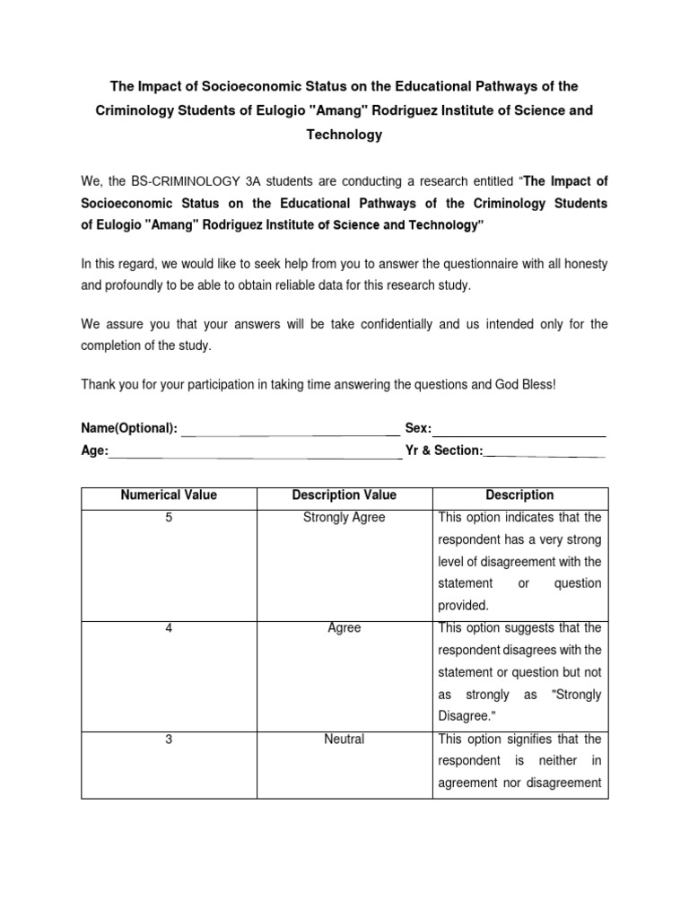 SURVEY QUESTIONNAIRE | Download Free PDF | Socioeconomic Status ...
