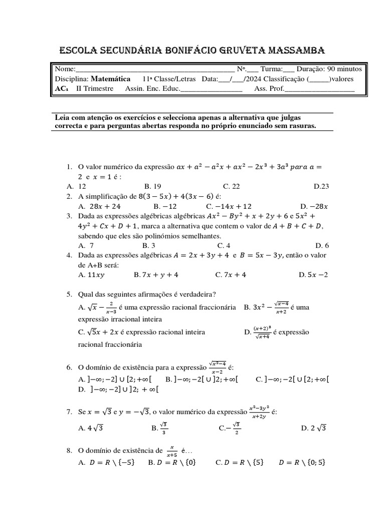 1 Teste de Matemática 11 Classe | PDF | Matemática | Lógica matemática