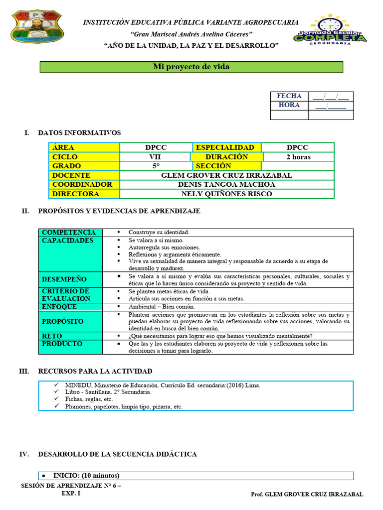 SESION 6 PROYECTO DE VIDA EXP I DPCC | PDF | Evaluación | Plan de estudios