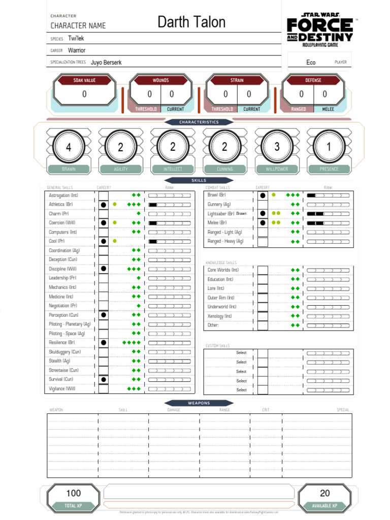 Force and Destiny Character Sheet Form Fillable v2 HC | PDF | Role ...