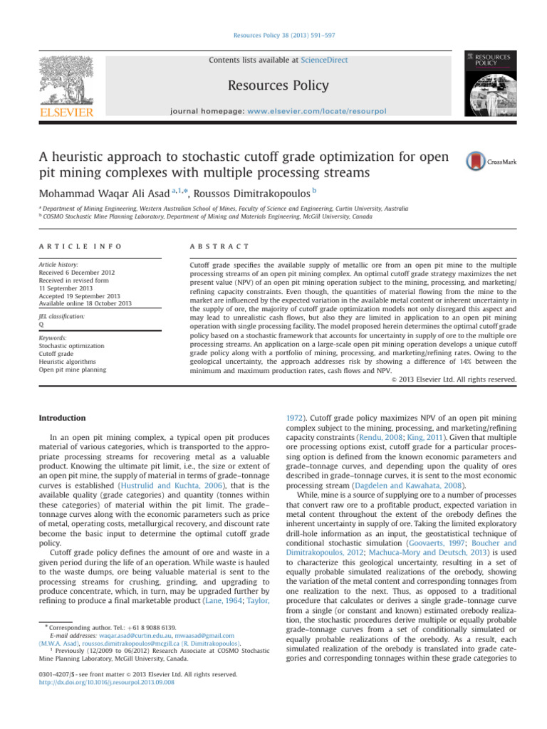 A Heuristic Approach To Stochastic Cutoff Grade Optimization For Open | PDF | Mathematical ...
