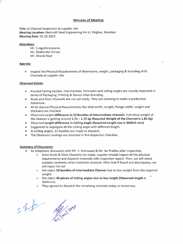 GI Channel Inspection Report - 01.02.2023 | PDF | Quantity | Physical ...