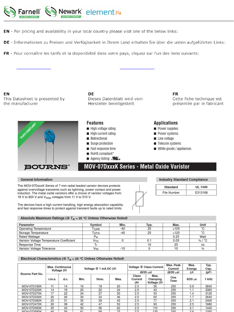 Mov-07d471ktr Mov-07d431ktr | PDF | Physical Quantities | Electrical Engineering