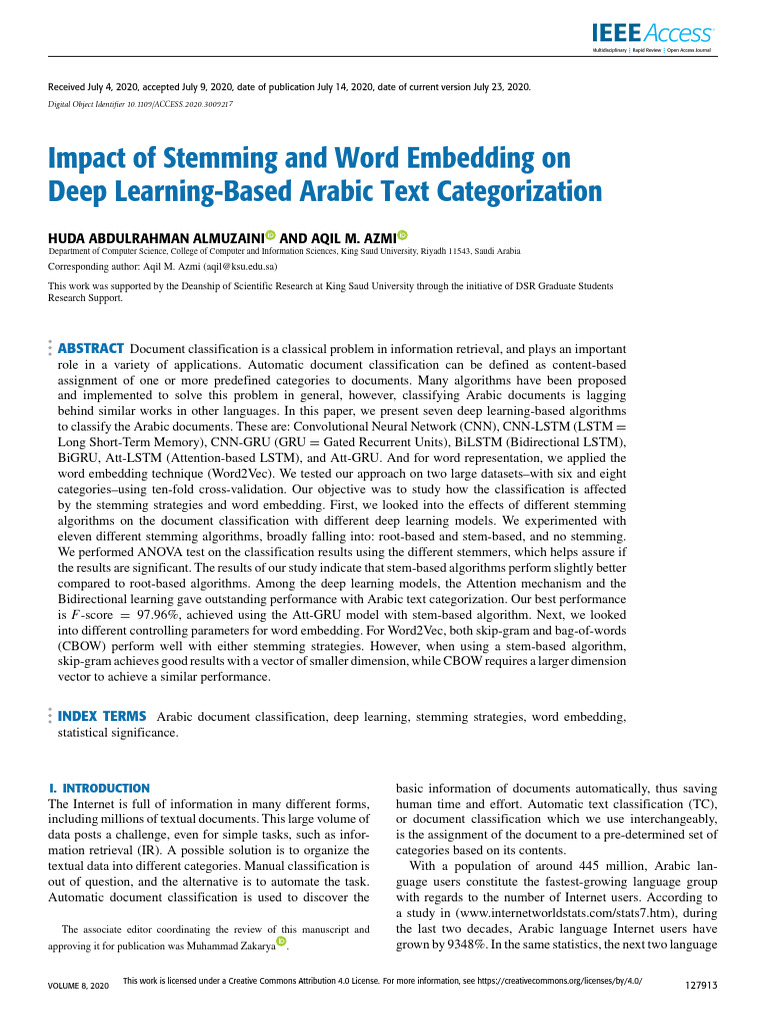 Impact Of Stemming And Word Embedding On Deep Learning Based Arabic Text Categorization Pdf