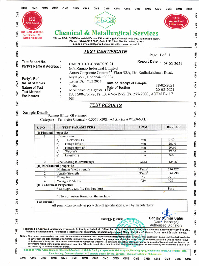 CMS Test Report for Ramco GI Channels | PDF | Strength Of Materials ...