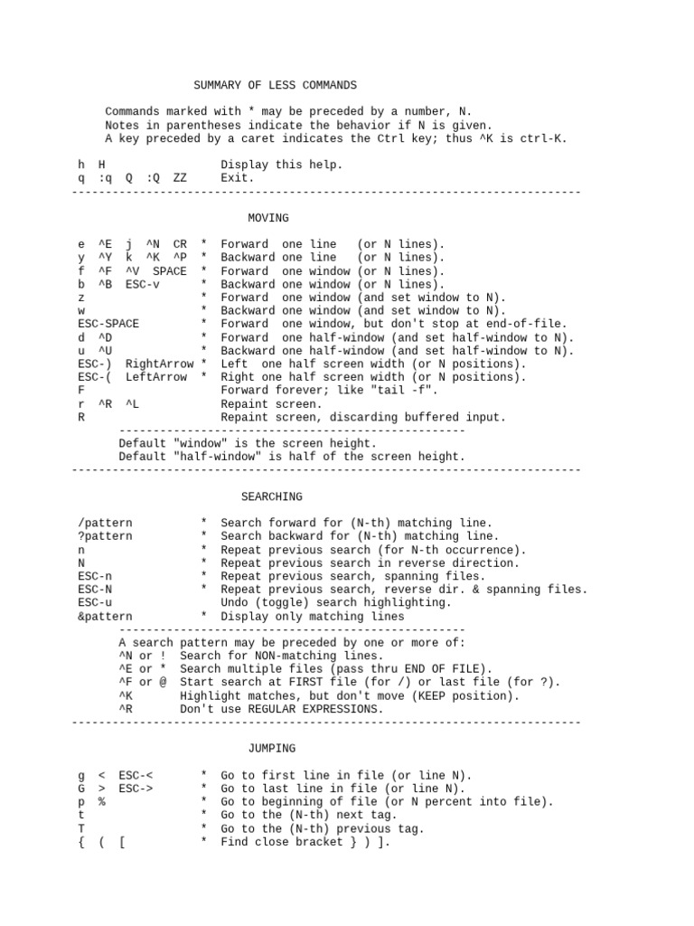 Summary Of Less Commands In Unix Pdf Computer Architecture 8569