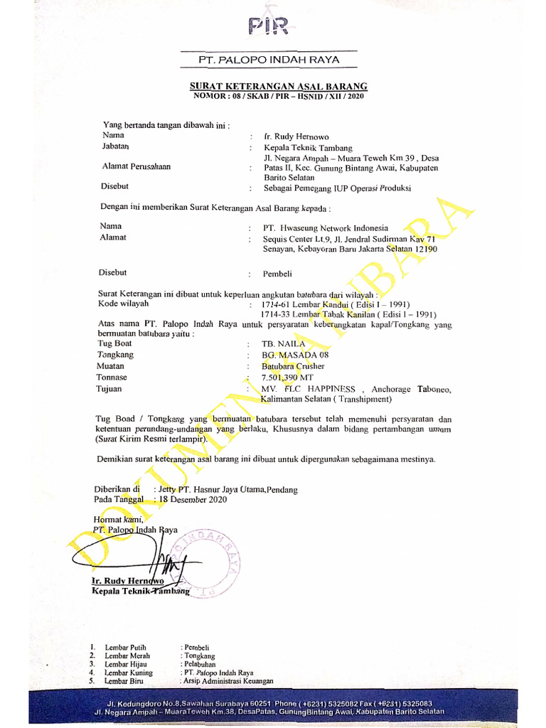 2020.12.18 - Surat Keterangan Asal Barang - Dokumen Batubara - PT - PIR | PDF