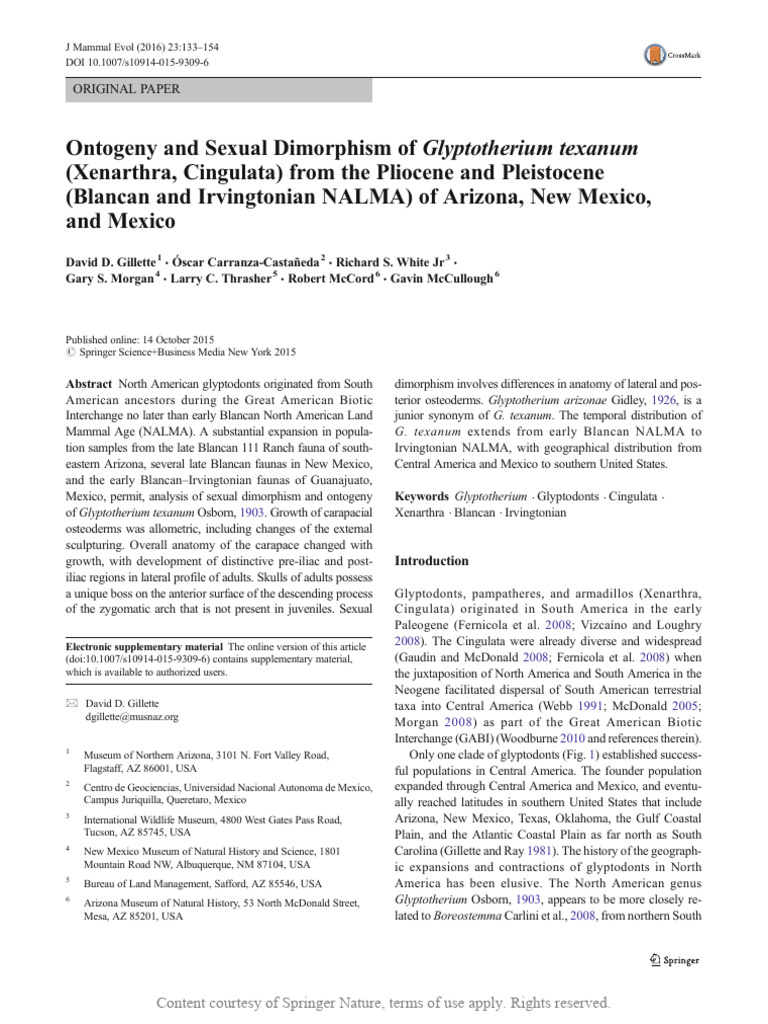 Ontogeny and Sexual Dimorphism of Glyptotherium Texanum (Xenarthra, Cingulata) From The Pliocene ...