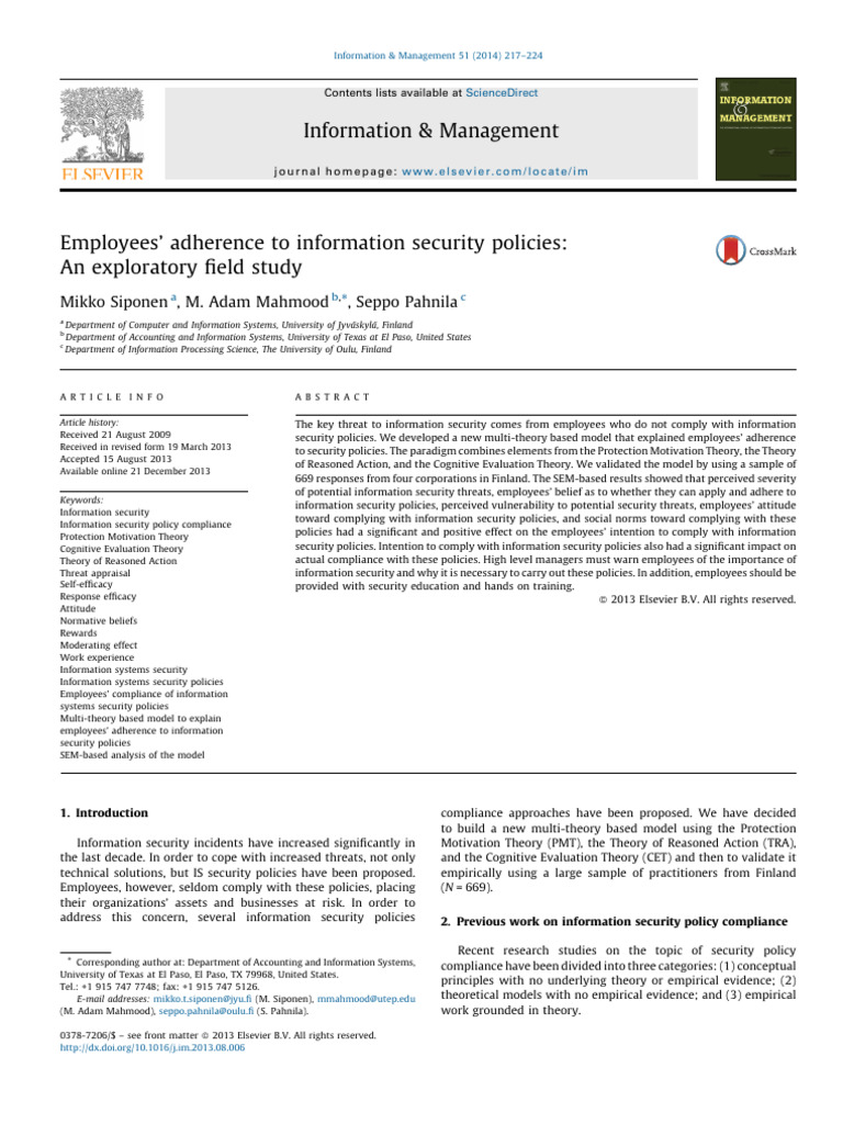 Employees Adherence To Information Security Policies, An Explanatory ...