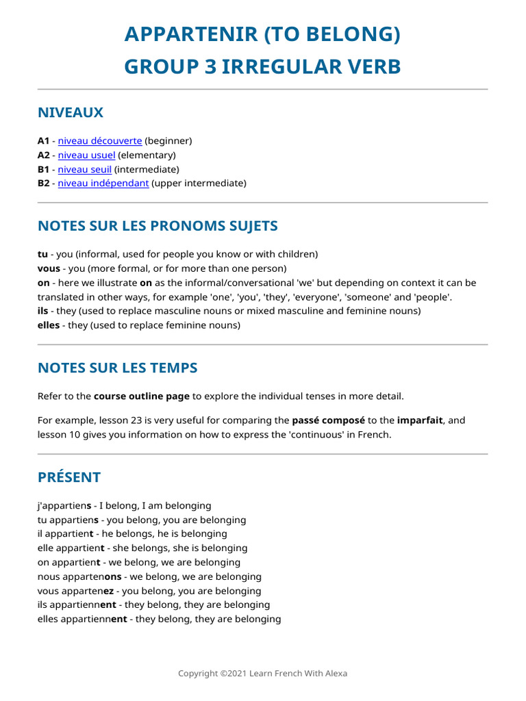Appartenir-To-Belong-11-Main-French-Tenses 2024-02-06-73634 | PDF ...