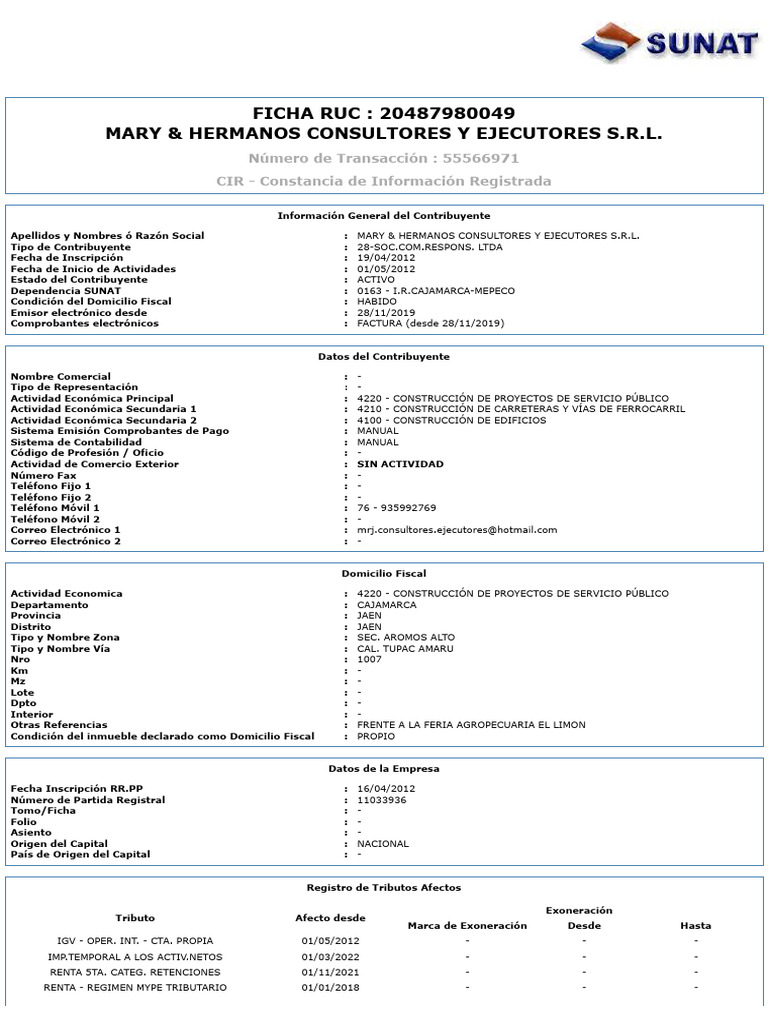 FICHA RUC (1) | PDF | Industrias de servicio