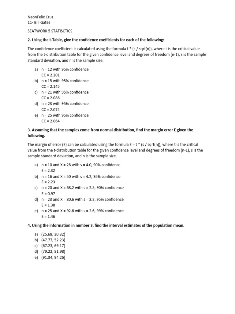Seatwork 5 Statisctics | PDF | Estimator | Errors And Residuals