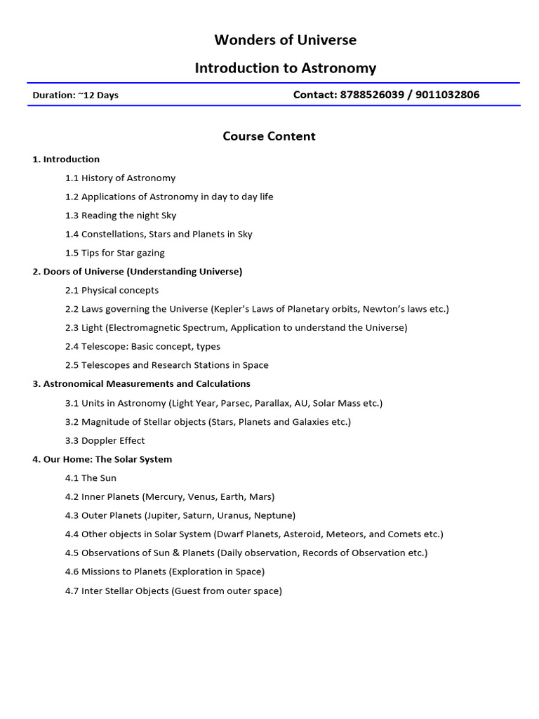 Introduction To Astronomy - Course Content | PDF | Astronomy | Stars