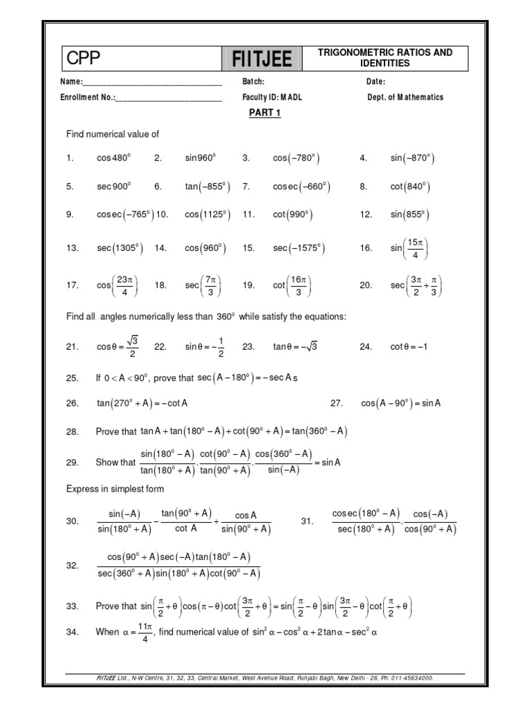 Trigono. Ratios & Identities - Basic Level - 1 | PDF | Trigonometric Functions | Geometric ...