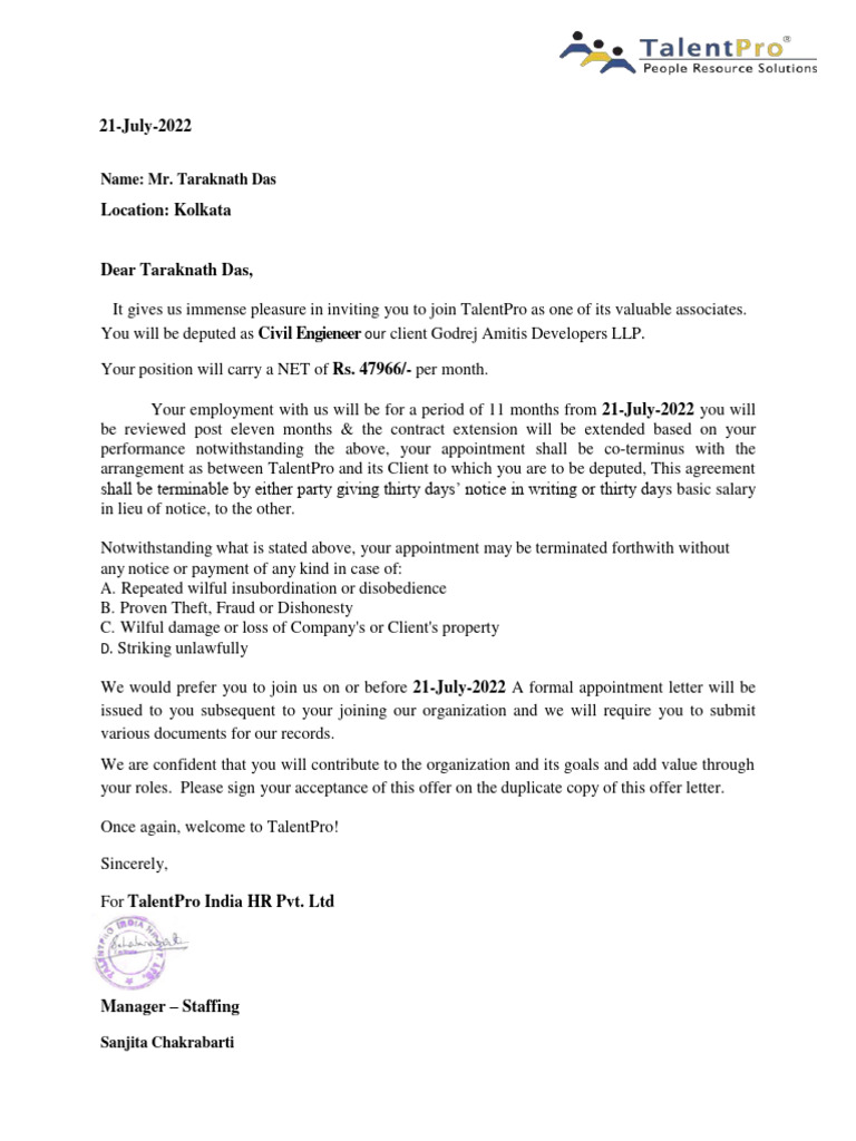 Job Offer for Civil Engineer at TalentPro | PDF | Private Law | Economies