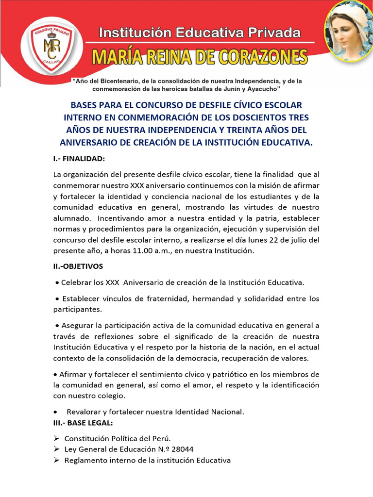Bases Desfile Interno Iep. Maria Reina de Corazones 2024 | PDF