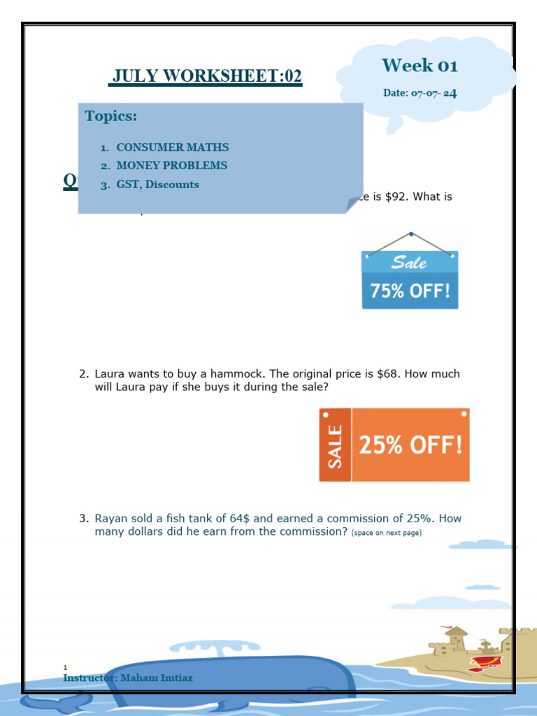 Consumer Math Worksheet for July | PDF