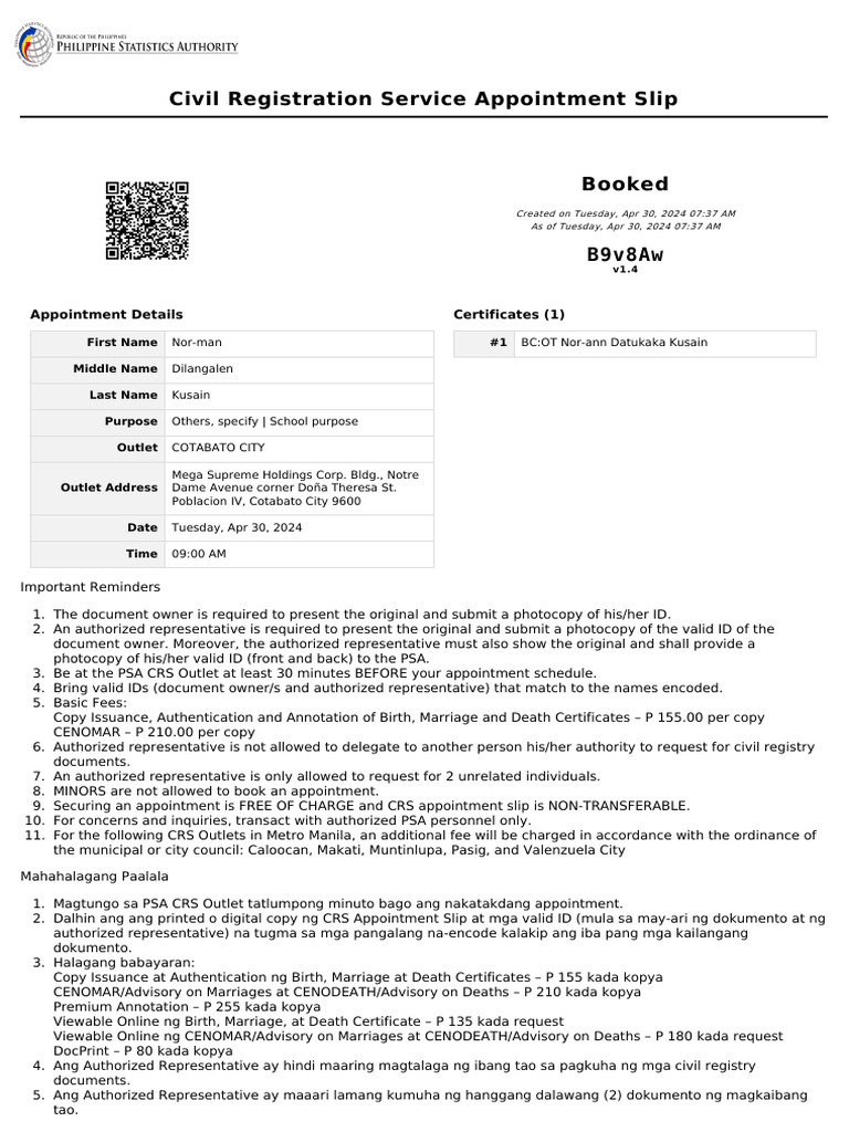Civil Registration Service Appointment Slip | PDF