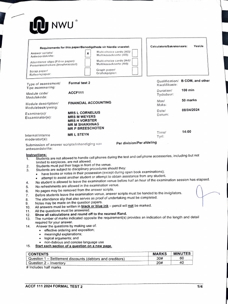 ACCF 111 2024 Formal Test 2 Guidelines | PDF | Value Added Tax | Invoice