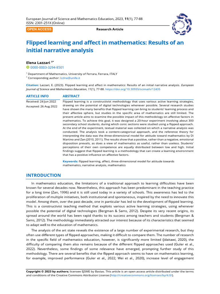 Flipped Learning and Affect in Mathematics Results of An Initial ...
