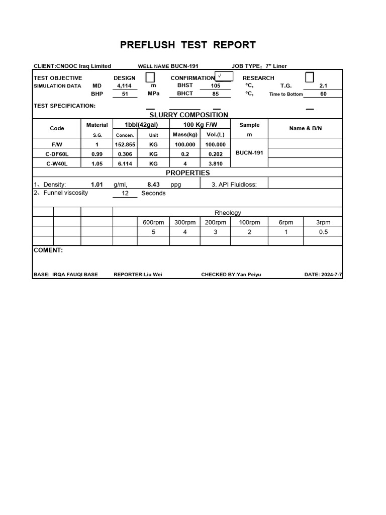LR7013 BUCN-191 Well 7in Liner Cement Slurry Lab Test Report | PDF ...
