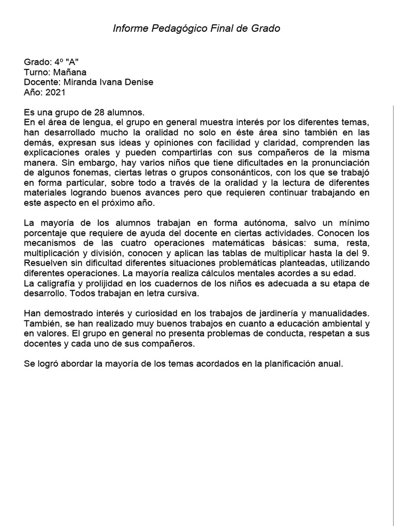 Informe Pedagógico Final de Grado | PDF | Maestros | Escuelas
